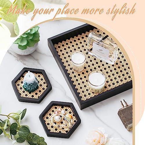 Rectangle Rattan Hometray Serving Tray with 4 Pcs Hexagon Rattan Black Coasters Ottoman Food Tray Rattan Decorate Basket Tray with Wooden Frame for Coffee Breakfast Drink Jewelry Accessory Square Tray