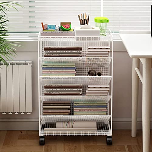 Bookshelf Book Cart, 6-Tier Metal Shelf Rolling Library Cart w/Lockable Wheels Modern Stylish Bookcase Utility Trolley Book Truck for Magazines Files Album Recipe ( Color : White , Size : 42*17*65cm )