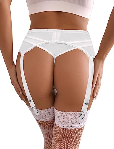 Love Salve Sexy Women Lingerie Garter Belt Set – 2 Piece Lace Stretch Adjustable Waist Suspender and Thong Underwear (White, 3X-Large-4X-Large)