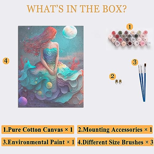 Pangoo Art Cartoon Character Beautiful Mermaid Paint by Number for Kids,Easy Acrylic Paint by Number for Kids On Canvas,Oil Painting Paint by Number Kits Gift for Kids and Adults 16"x20"