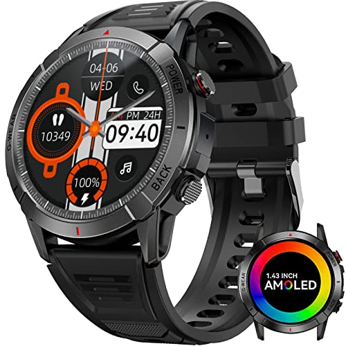 Military Smart Watch for Men 1.43" AMOLED Always-on Display Rugged Smart Watch with Call Fitness Tracker Watch with Heart Rate Sleep Monitor Outdoor Tactical Pedometer Smartwatch for iPhone Android