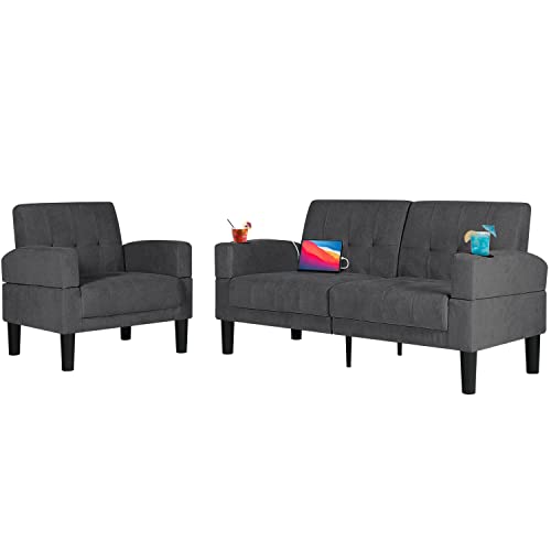 TYBOATLE Tufted Mid-Century Modern Living Room Furniture Sectional Sofa Sets 2 Piece, Loveseat Couch w/ 2 USB, 2 Cupholders and Comfy Accent Arm Chairs for Small Space, Apartment, Office (Dark Grey)