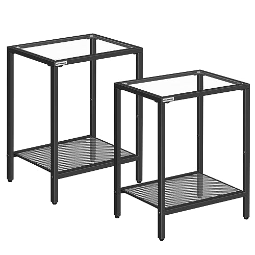 MAHANCRIS End Tables Set of 2, Side Table with Tempered Glass Top, Narrow Beside Table for Small Space, 2-Tier Nightstand with Storage Shelf, for Sofa Couch and Bed, Easy Assembly, Black ETH24B01S2