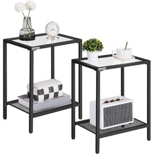 MAHANCRIS End Tables Set of 2, Side Table with Tempered Glass Top, Narrow Beside Table for Small Space, 2-Tier Nightstand with Storage Shelf, for Sofa Couch and Bed, Easy Assembly, Black ETH24B01S2