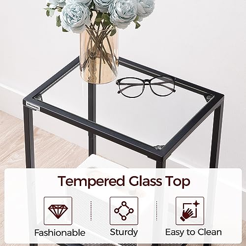 MAHANCRIS End Tables Set of 2, Side Table with Tempered Glass Top, Narrow Beside Table for Small Space, 2-Tier Nightstand with Storage Shelf, for Sofa Couch and Bed, Easy Assembly, Black ETH24B01S2