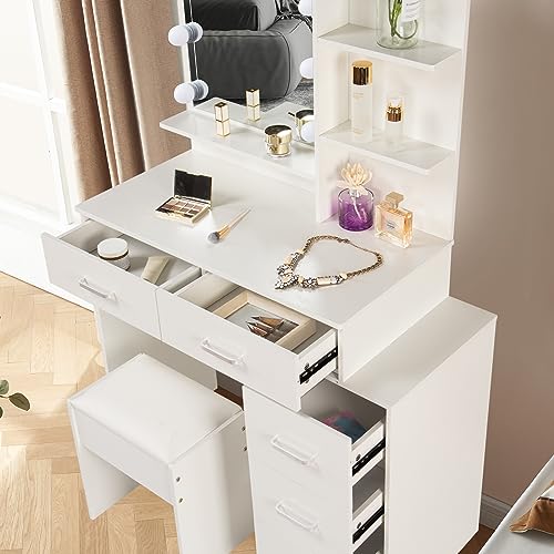 tojump Makeup Vanity with LED Lighted Mirror, White Vanity Desk Set with Drawers & Cabinet, Makeup Table for Bedroom, Cushioned Stool Included (Modern 08)