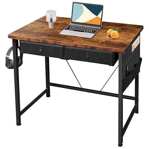 Maihail Small Computer Desk, 31.5" Small Desk with Drawer, Small Desks for Home Office Small Space, Small Desk with 2 Drawers, Wood Desk with Storage Bag, Metal Frame for PC Laptop, Rustic Brown