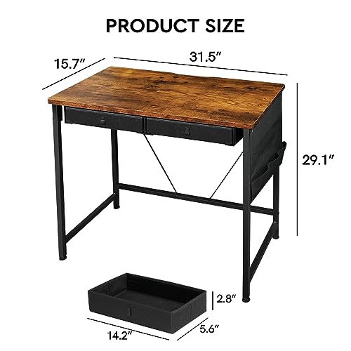 Maihail Small Computer Desk, 31.5" Small Desk with Drawer, Small Desks for Home Office Small Space, Small Desk with 2 Drawers, Wood Desk with Storage Bag, Metal Frame for PC Laptop, Rustic Brown