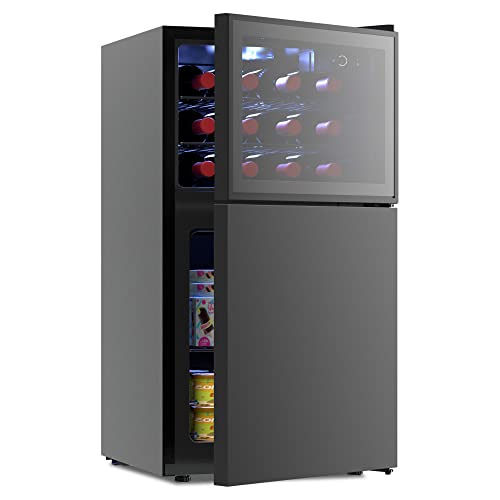 WATOOR Double Door Beverage Wine Cooler with Freezer,1.3 Cu Ft Mini Fridge and 1.3 Cu Ft Freezer with Reversible Door,Dual Zone Temperature Control,Perfect for Home or Office