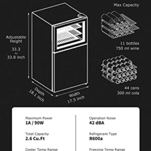 WATOOR Double Door Beverage Wine Cooler with Freezer,1.3 Cu Ft Mini Fridge and 1.3 Cu Ft Freezer with Reversible Door,Dual Zone Temperature Control,Perfect for Home or Office