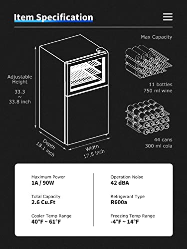 WATOOR Double Door Beverage Wine Cooler with Freezer,1.3 Cu Ft Mini Fridge and 1.3 Cu Ft Freezer with Reversible Door,Dual Zone Temperature Control,Perfect for Home or Office