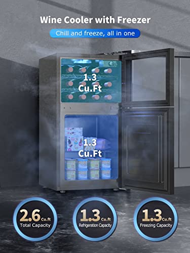 WATOOR Double Door Beverage Wine Cooler with Freezer,1.3 Cu Ft Mini Fridge and 1.3 Cu Ft Freezer with Reversible Door,Dual Zone Temperature Control,Perfect for Home or Office