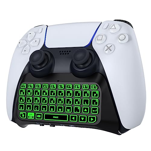 MoKo Keyboard for PS5 Controller with Green Backlight, Bluetooth Wireless Mini Keypad Chatpad for Playstation 5, Built-in Speaker & 3.5mm Audio Jack for PS5 Controller Accessories, Black & White