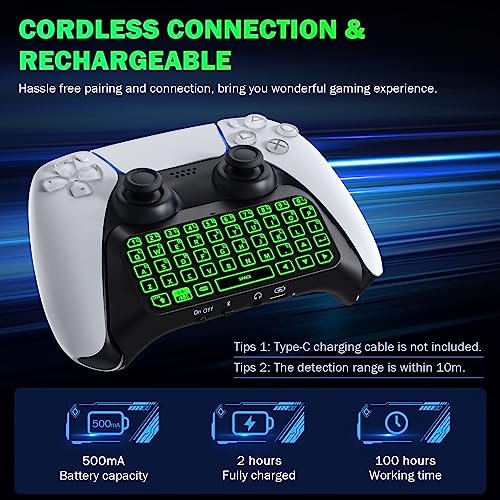 MoKo Keyboard for PS5 Controller with Green Backlight, Bluetooth Wireless Mini Keypad Chatpad for Playstation 5, Built-in Speaker & 3.5mm Audio Jack for PS5 Controller Accessories, Black & White