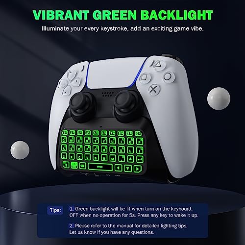 MoKo Keyboard for PS5 Controller with Green Backlight, Bluetooth Wireless Mini Keypad Chatpad for Playstation 5, Built-in Speaker & 3.5mm Audio Jack for PS5 Controller Accessories, Black & White