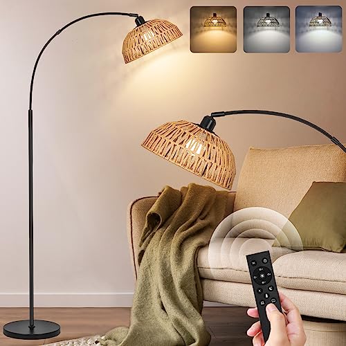 Rattan Floor Lamp- Arc Floor Lamp Boho with Remote and Stepless Dimmable Bulb, 70" Black Arched Standing Floor Lamp with 360° Adjustable Rattan Lampshade, Farmhouse Over Couch Lamp for Living Room