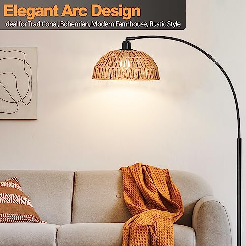 Rattan Floor Lamp- Arc Floor Lamp Boho with Remote and Stepless Dimmable Bulb, 70" Black Arched Standing Floor Lamp with 360° Adjustable Rattan Lampshade, Farmhouse Over Couch Lamp for Living Room