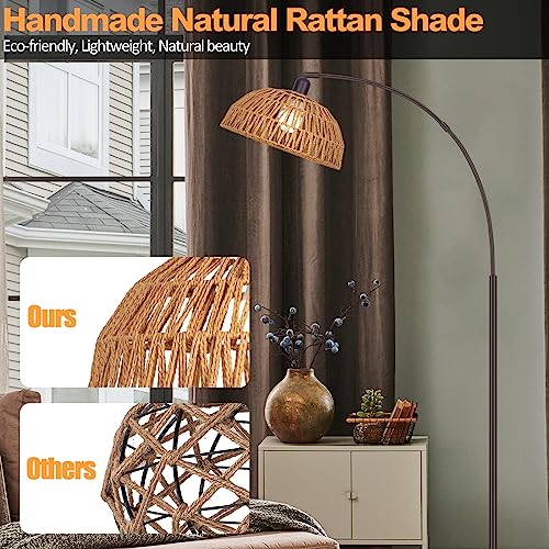 Rattan Floor Lamp- Arc Floor Lamp Boho with Remote and Stepless Dimmable Bulb, 70" Black Arched Standing Floor Lamp with 360° Adjustable Rattan Lampshade, Farmhouse Over Couch Lamp for Living Room