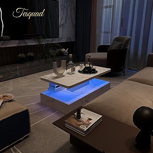 Tesquad Marble LED Coffee Table, Modern LED Coffee Table with High Gloss Surface, Modern White Living Room Table LED Light High Glossy Center Table for Living Room