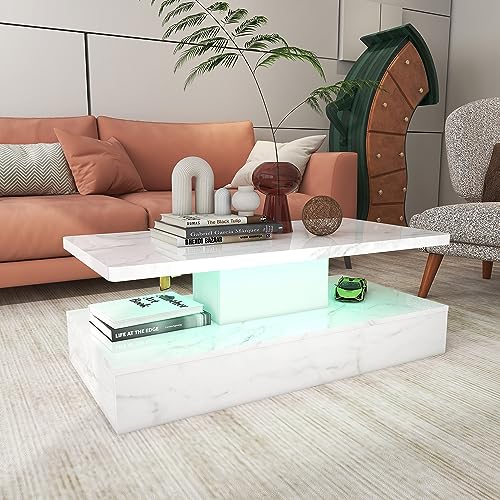 Tesquad Marble LED Coffee Table, Modern LED Coffee Table with High Gloss Surface, Modern White Living Room Table LED Light High Glossy Center Table for Living Room