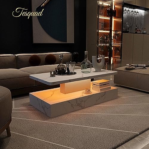 Tesquad Marble LED Coffee Table, Modern LED Coffee Table with High Gloss Surface, Modern White Living Room Table LED Light High Glossy Center Table for Living Room