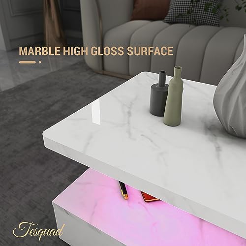 Tesquad Marble LED Coffee Table, Modern LED Coffee Table with High Gloss Surface, Modern White Living Room Table LED Light High Glossy Center Table for Living Room