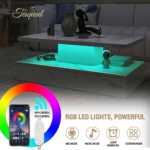 Tesquad Marble LED Coffee Table, Modern LED Coffee Table with High Gloss Surface, Modern White Living Room Table LED Light High Glossy Center Table for Living Room