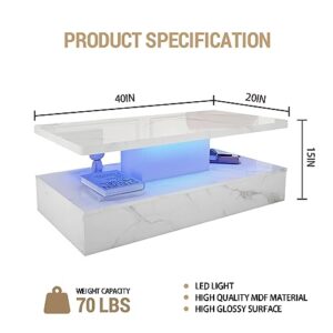 Tesquad Marble LED Coffee Table, Modern LED Coffee Table with High Gloss Surface, Modern White Living Room Table LED Light High Glossy Center Table for Living Room