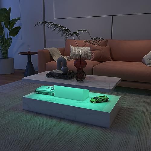 Tesquad Marble LED Coffee Table, Modern LED Coffee Table with High Gloss Surface, Modern White Living Room Table LED Light High Glossy Center Table for Living Room