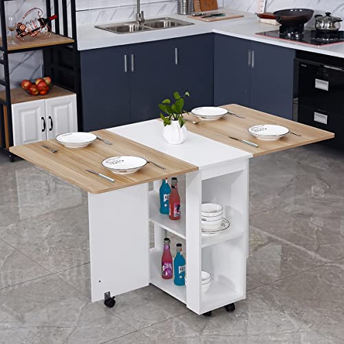 VANSPACE Folding Dining Table Drop Leaf Kitchen Table for Small Spaces with 2 Tier Storage Racks Multifunction Space Saving Table Extension Dinner Table Wood and White (Stools not Included)