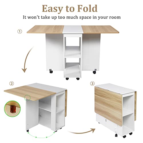 VANSPACE Folding Dining Table Drop Leaf Kitchen Table for Small Spaces with 2 Tier Storage Racks Multifunction Space Saving Table Extension Dinner Table Wood and White (Stools not Included)