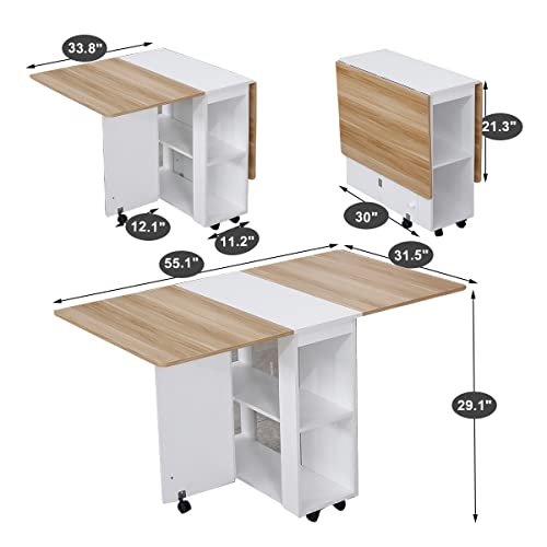 VANSPACE Folding Dining Table Drop Leaf Kitchen Table for Small Spaces with 2 Tier Storage Racks Multifunction Space Saving Table Extension Dinner Table Wood and White (Stools not Included)