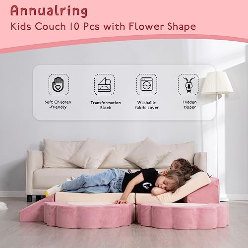 Annualring Kids Couch 10 Pcs,Modular Toddler Play Sofa Fold Out Couch Play Set with Flower Shape for Creative Boy Girl,Convertible Sofa for Teen Imaginative Playroom Furniture