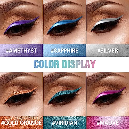 UCANBE 6pcs Metallic Liquid Eyeliner Makeup Set, Shimmer Colored Blue Purple Silver Orange Green Pink Glitter High-Pigmented Colorful Eye makeup, Longwearing Eye Liner Makeup Kit for Starters