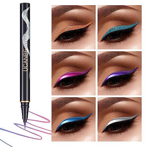 UCANBE 6pcs Metallic Liquid Eyeliner Makeup Set, Shimmer Colored Blue Purple Silver Orange Green Pink Glitter High-Pigmented Colorful Eye makeup, Longwearing Eye Liner Makeup Kit for Starters