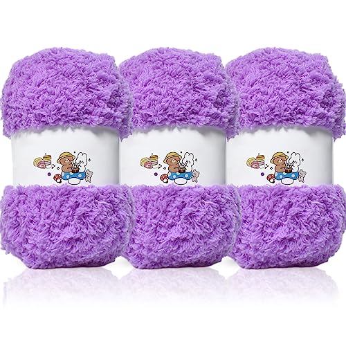 3 PCS 150g Soft Coral Velvet Yarn Chenille Yarn for Crocheting,Fluffy Yarn for Knitting and Croche DIY Craft,Warm Yarn for Bag Hat Scarve Clothe Gloves Slippers Doll(Purple)