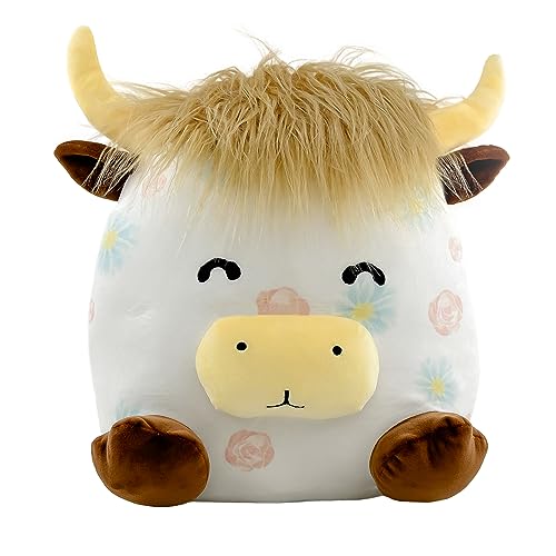 YOUBLEK 10 Inch Highland Cow Stuffed Animal,Cow Plush 3D Soft Cute Cow Doll Toy Pillow for Boys Girls Home Car Decoration Birthday Valentines Day (White, 10 Inches)