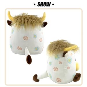 YOUBLEK 10 Inch Highland Cow Stuffed Animal,Cow Plush 3D Soft Cute Cow Doll Toy Pillow for Boys Girls Home Car Decoration Birthday Valentines Day (White, 10 Inches)