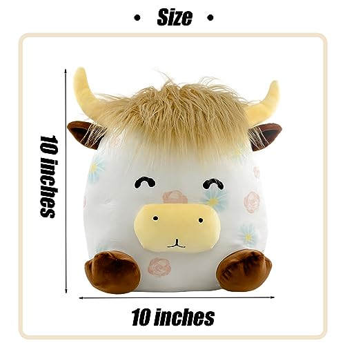 YOUBLEK 10 Inch Highland Cow Stuffed Animal,Cow Plush 3D Soft Cute Cow Doll Toy Pillow for Boys Girls Home Car Decoration Birthday Valentines Day (White, 10 Inches)