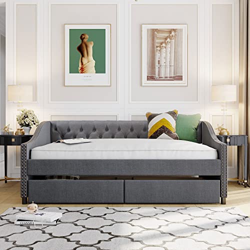 Upholstered Full Daybed with Two Storage Drawers, Full Size Button Tufted Sofa Bed Daybed with Nailhead Trim and Wood Slat Support (Grey Fabric)