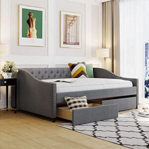 Upholstered Full Daybed with Two Storage Drawers, Full Size Button Tufted Sofa Bed Daybed with Nailhead Trim and Wood Slat Support (Grey Fabric)