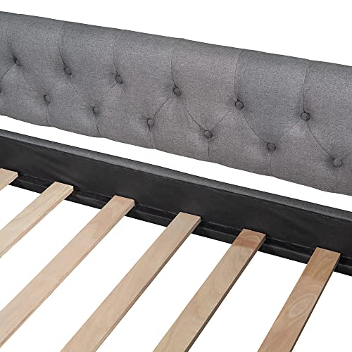 Upholstered Full Daybed with Two Storage Drawers, Full Size Button Tufted Sofa Bed Daybed with Nailhead Trim and Wood Slat Support (Grey Fabric)