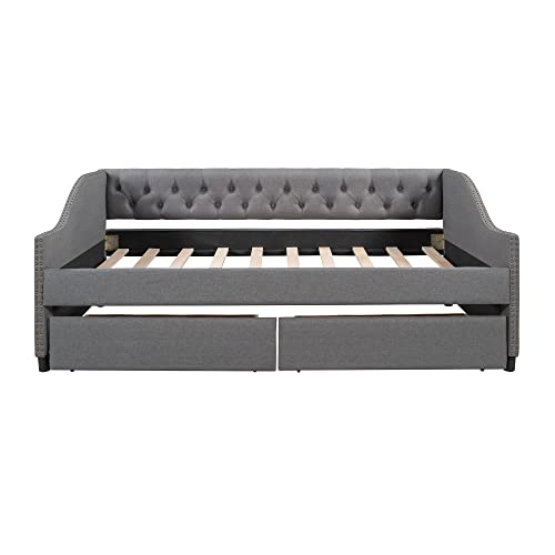 Upholstered Full Daybed with Two Storage Drawers, Full Size Button Tufted Sofa Bed Daybed with Nailhead Trim and Wood Slat Support (Grey Fabric)