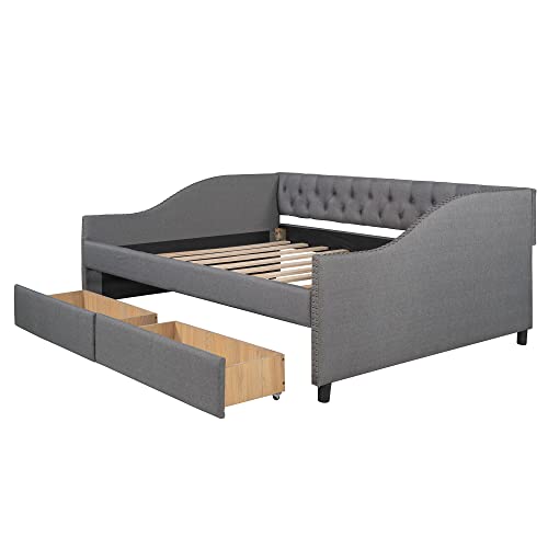 Upholstered Full Daybed with Two Storage Drawers, Full Size Button Tufted Sofa Bed Daybed with Nailhead Trim and Wood Slat Support (Grey Fabric)