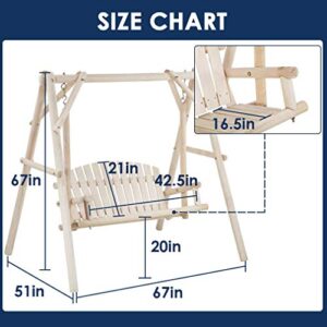 Wooden Porch Swing with Stand, 2-Seat Porch Swings Outdoor Log Patio Swing Chair, A-Frame Garden Swing Seat Outdoor Swing for Adults/Kids Patio Backyard Deck, Capacity 450 LBS, Natural Wood