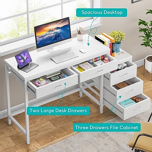 Tribesigns Computer Desk with 5 Drawers, Home Office Desks with Reversible Drawer Cabinet Printer Stand, Industrial PC Desk with Storage, White Study Writing Table Workstation for Small Spaces