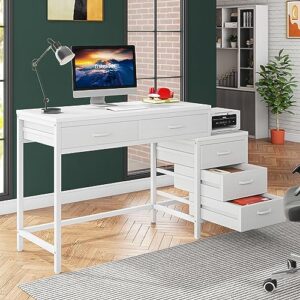 Tribesigns Computer Desk with 5 Drawers, Home Office Desks with Reversible Drawer Cabinet Printer Stand, Industrial PC Desk with Storage, White Study Writing Table Workstation for Small Spaces