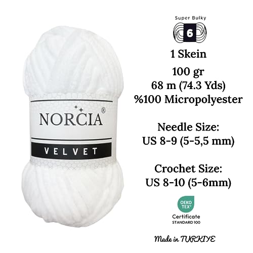 NORCIA, Soft Velvet Yarn Chenille Yarn for Crocheting Super Bulky 100g (74.3 yds) Baby Blanket Yarn for Knitting Amigurumi Yarn Fancy Yarn for Crochet Weaving Craft (White)