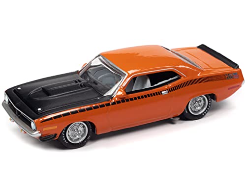 1970 Plymouth AAR Barracuda Vitamin C Orange with Black Stripes and Hood and Collector Tin Limited Edition to 4540 Pieces Worldwide 1/64 Diecast Model Car by Johnny Lightning JLCT005-JLSP108A