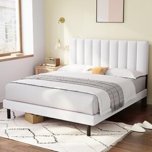 Molblly Queen Size Bed Frame Upholstered Platform with Headboard and Strong Wooden Slats,Mattress Foundation,Non-Slip and Noise-Free,No Box Spring Needed, Easy Assembly,White